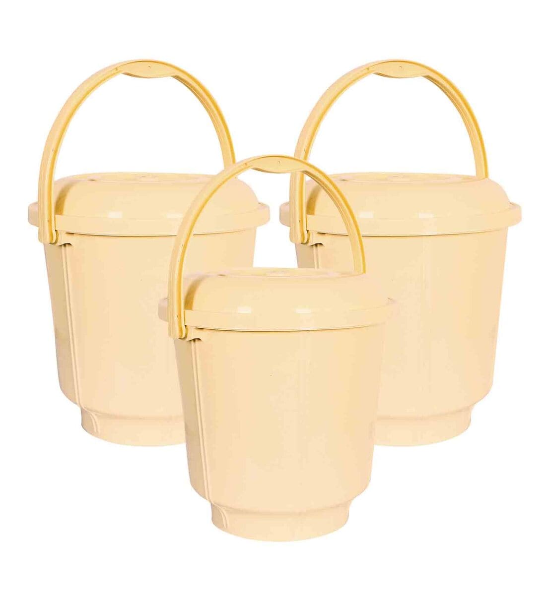 Buy 13 Ltrs Cream Plastic Bucket with Lid (Set of 3) By Kuber ...