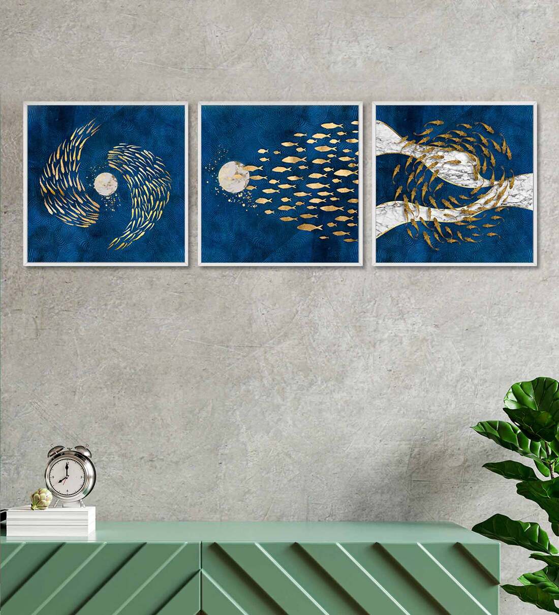 Buy Abstract Blue Canvas Framed People and Places Art Print Set of 3 at ...