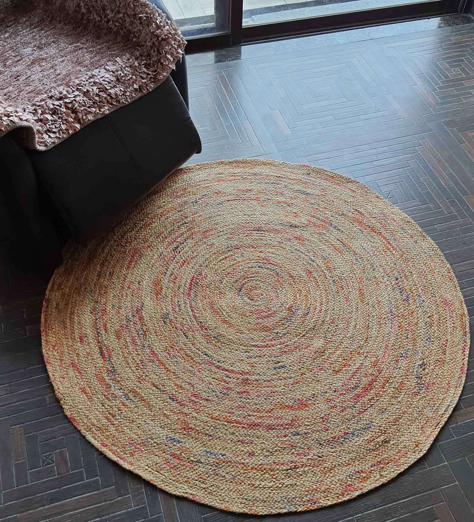 Buy Brown Plain Solid Jute Hand Woven 4 X 4 Feet Round Carpet By ...