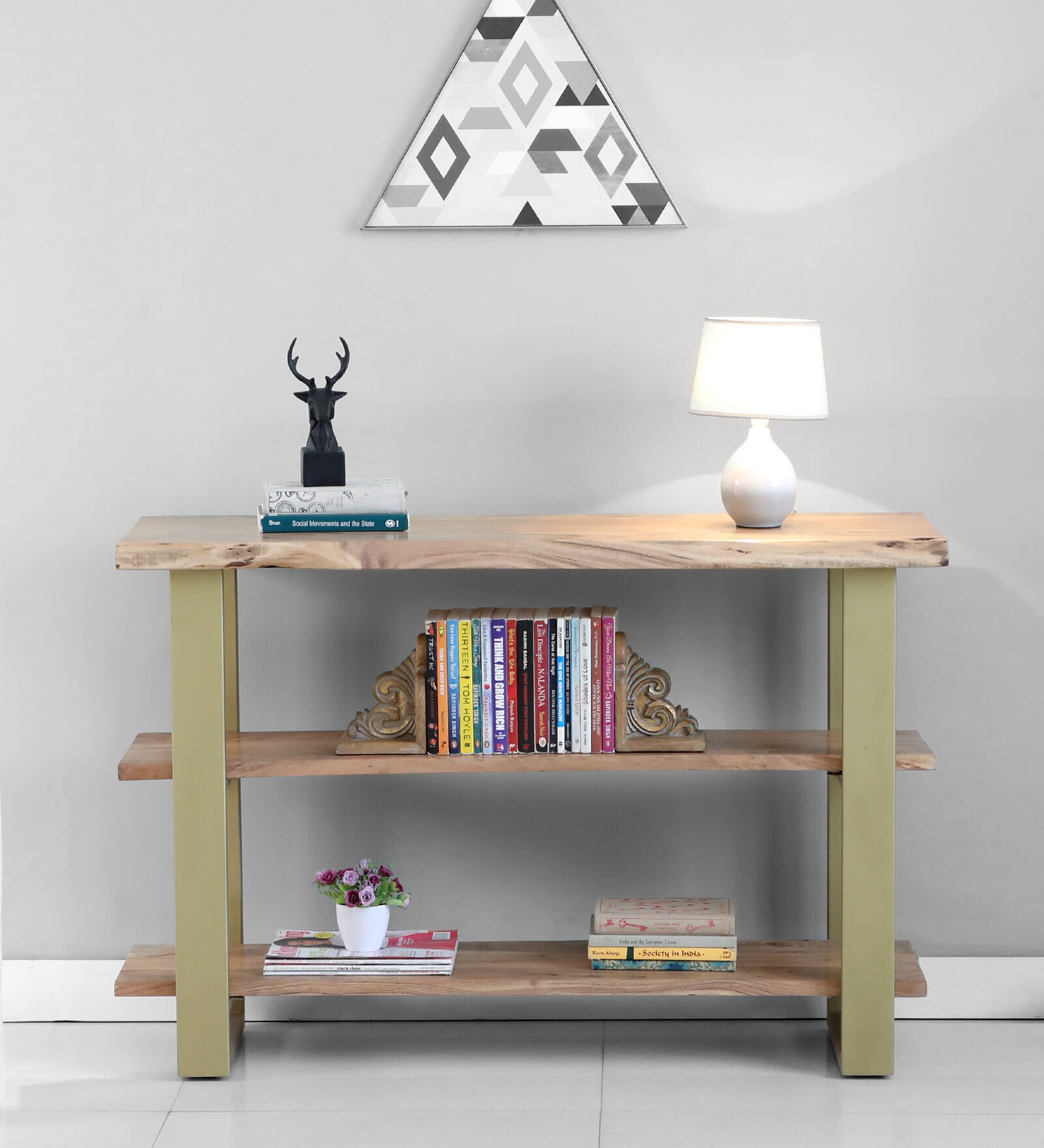 Buy Alice Solid Wood Console Table In Natural And Gold Finish Online ...