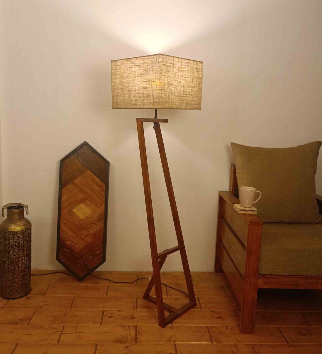Buy Angular Beige Jute Shade Novelty Floor Lamp With Wood Base By ...