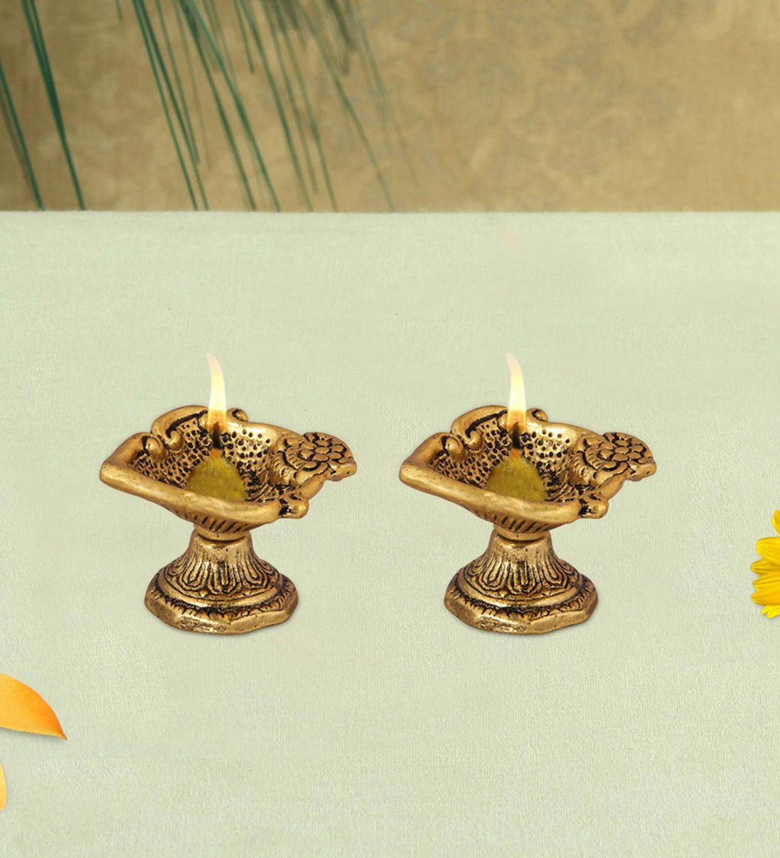 Buy Antique Golden Aluminium Diya In Antique Golden Finish Set of 2, By ...