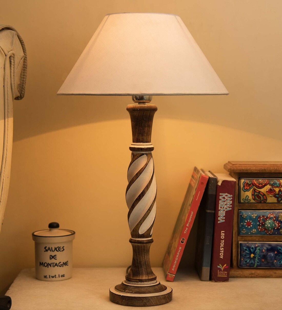 Buy Antique White Twister wooden table lamp with white shade Online ...