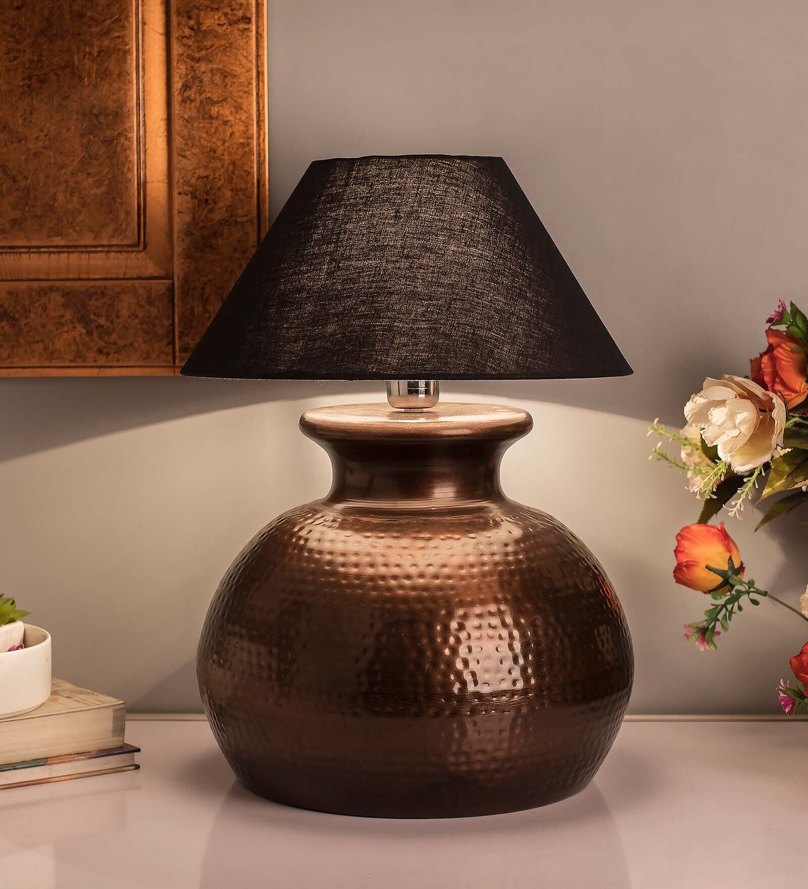 Buy Antique Copper Hammered Pitcher Table Lamp with Black Shade Online ...