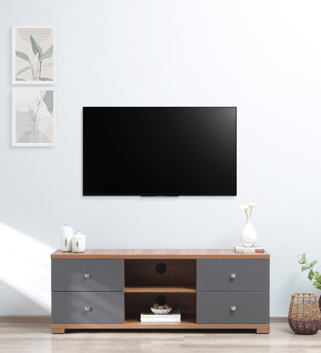 Buy Astron TV Console for TVs in Natural Teak & Slate Grey Finish for ...