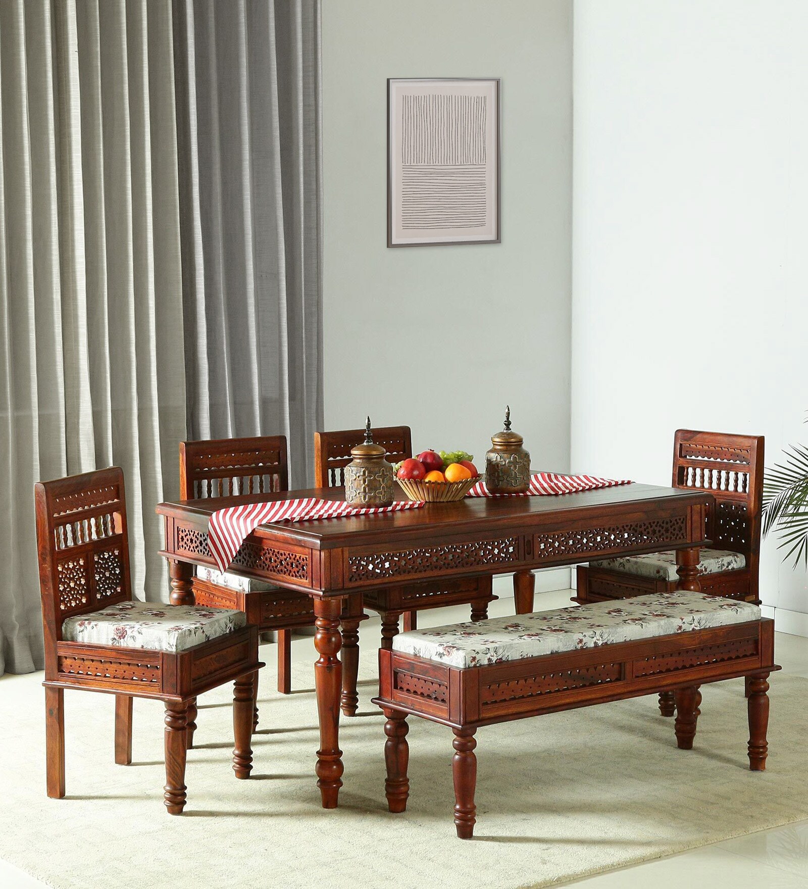 Buy Avantika Sheesham Wood 6 Seater Dining Set In Honey Oak Finish With ...