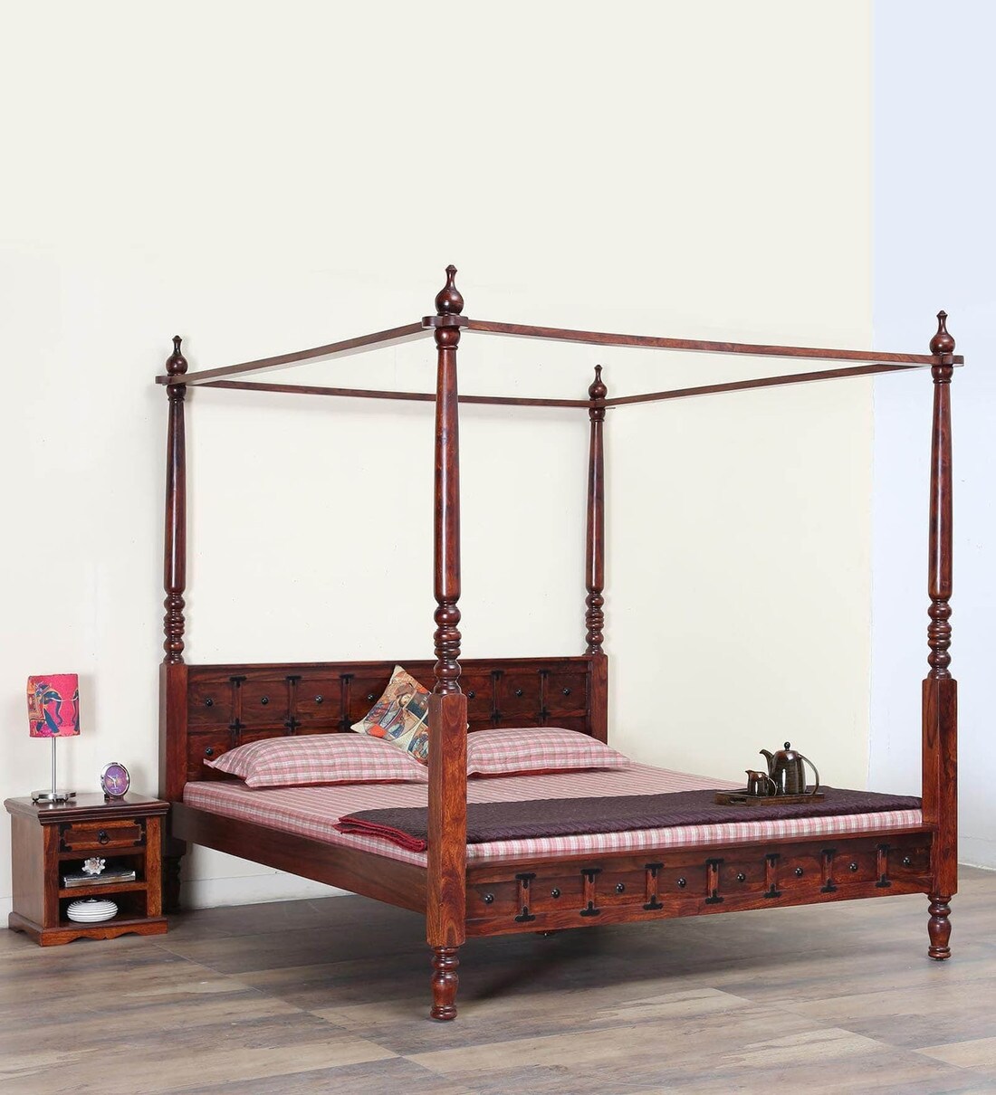 Buy Ayasa Sheesham Wood King Size Poster Bed in Honey oak Finish Online ...