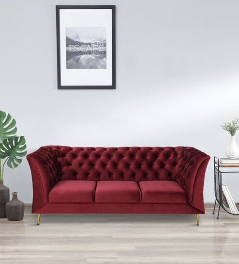 Buy Azalea Velvet 3 Seater Sofa In Berry Red Colour at 15% OFF by ...