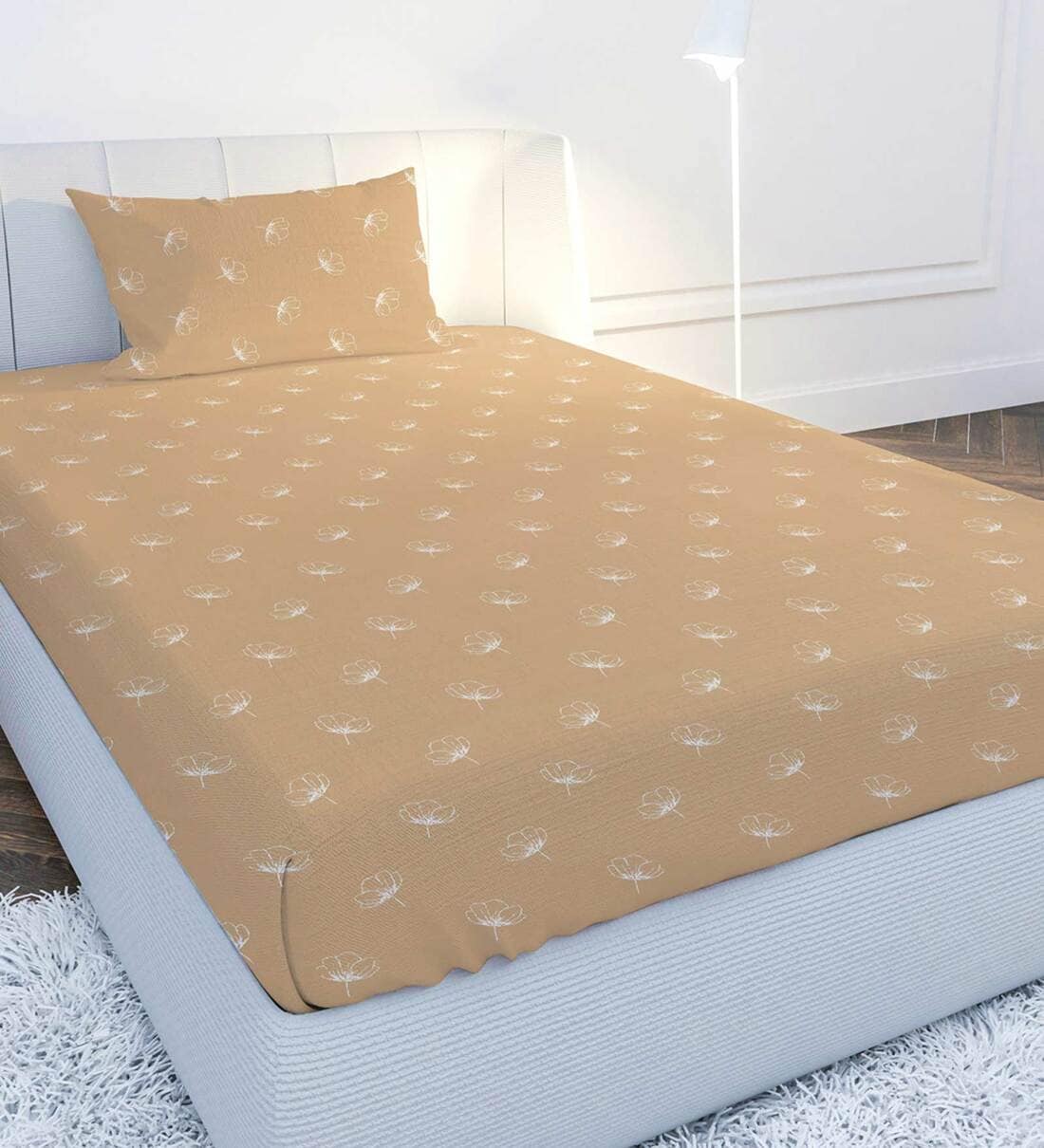 Buy Beige Abstract 210 TC Cotton Satin Single Bedsheet With 1 Pillow ...
