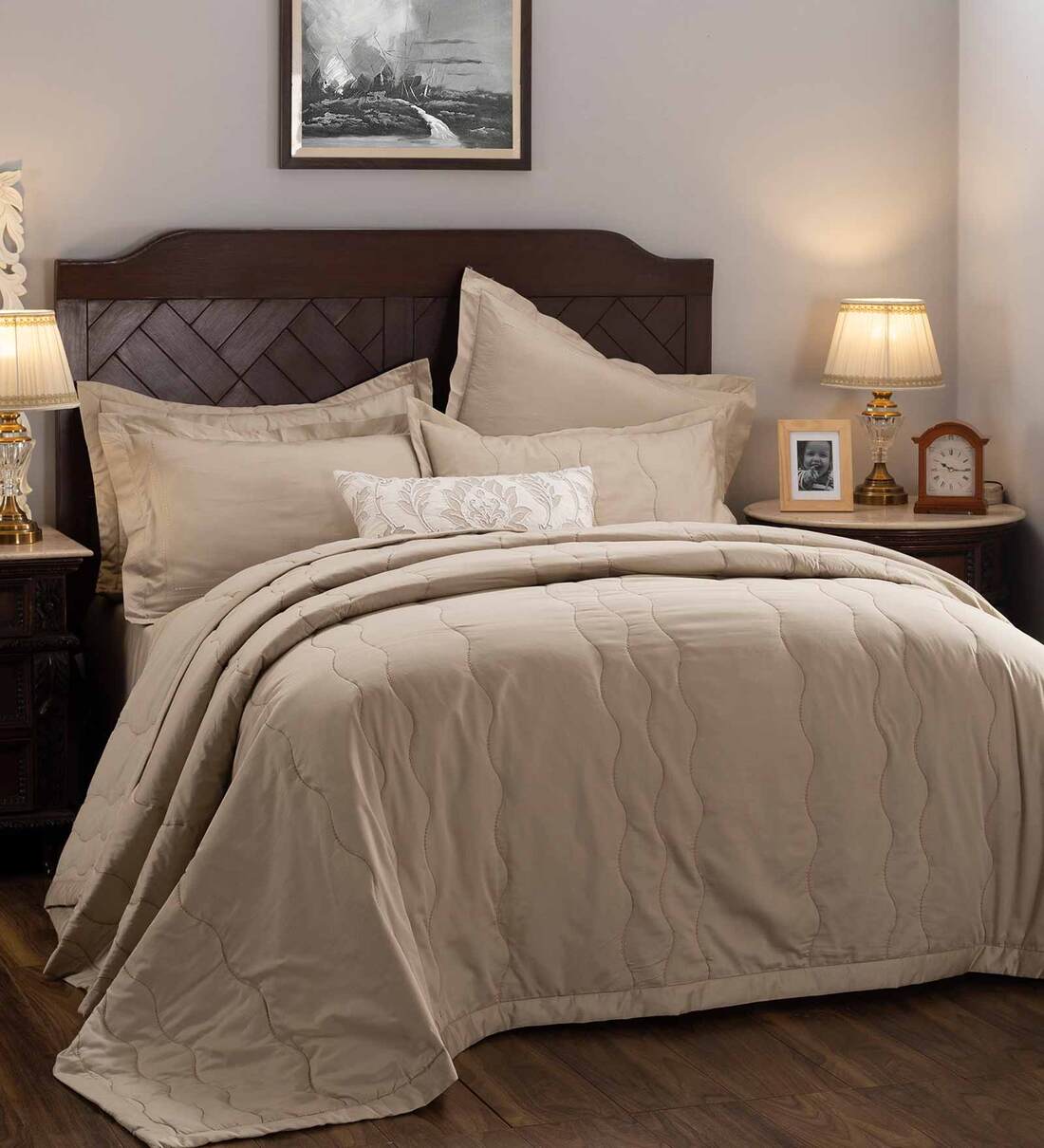 Buy Beige Abstract 400 TC Cotton (Set of 8) Double Bed Bedding Sets by ...