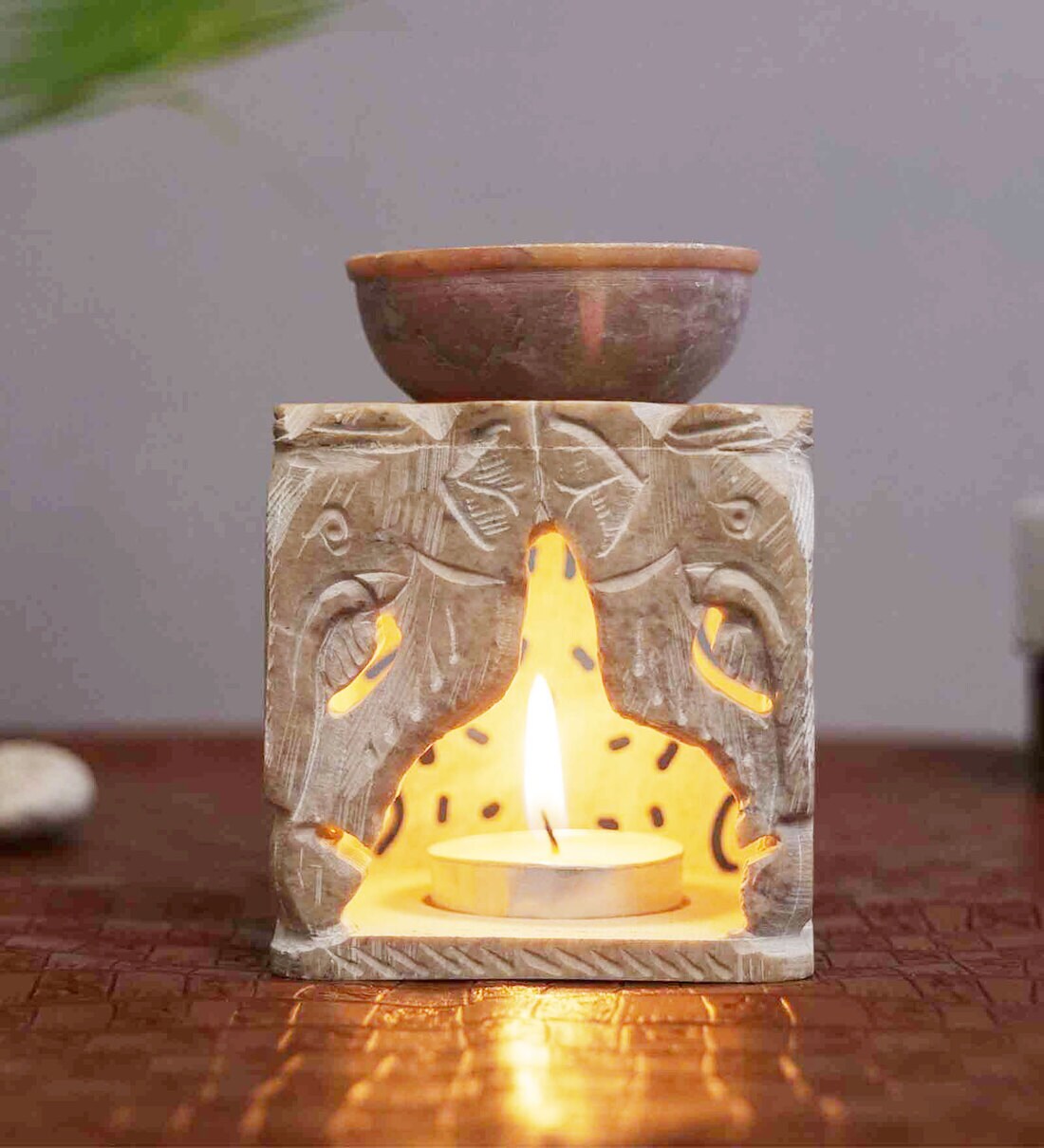 Buy Beige Soapstone 4 Faced Elephant Oil Diffuser with Essential Oil by ...