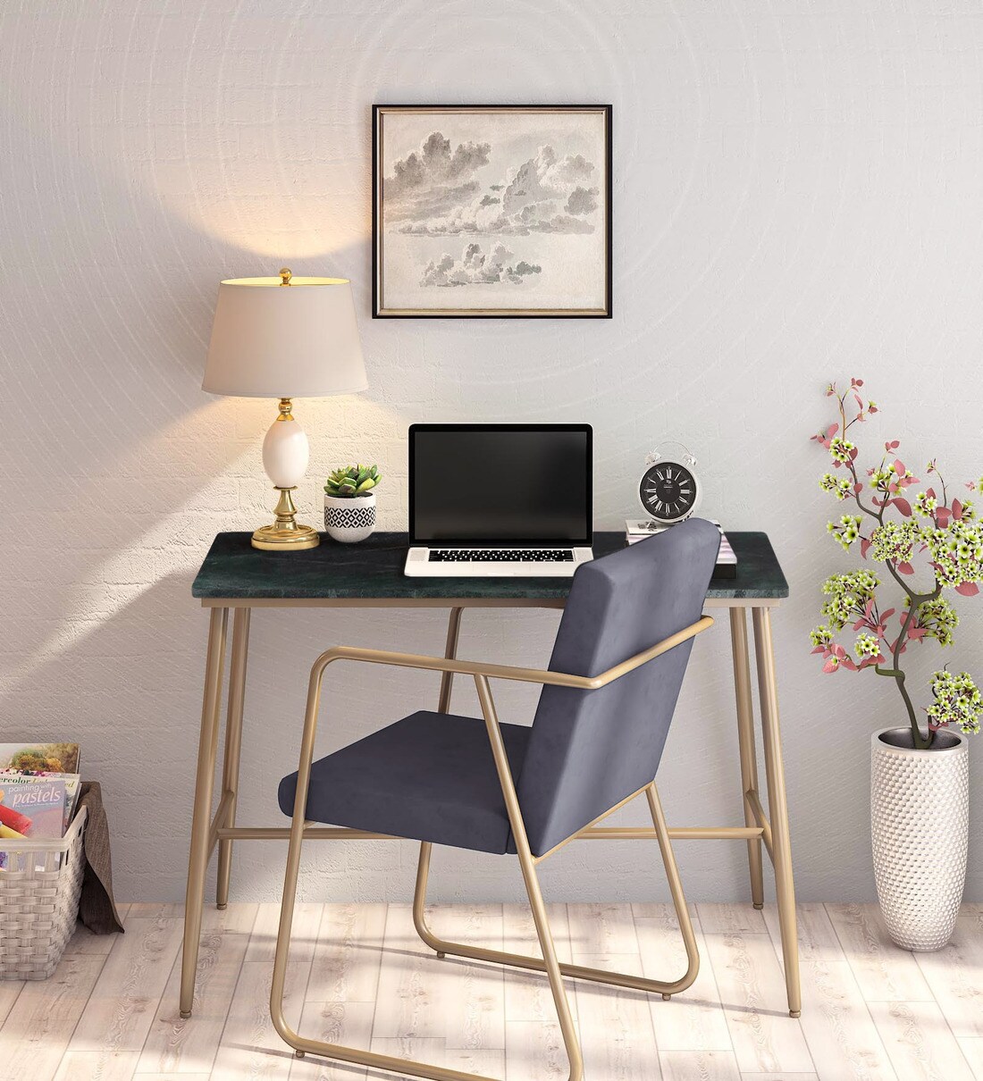 Buy Berilo Writing Table & Chair Set In Green & Golden Finish Online ...