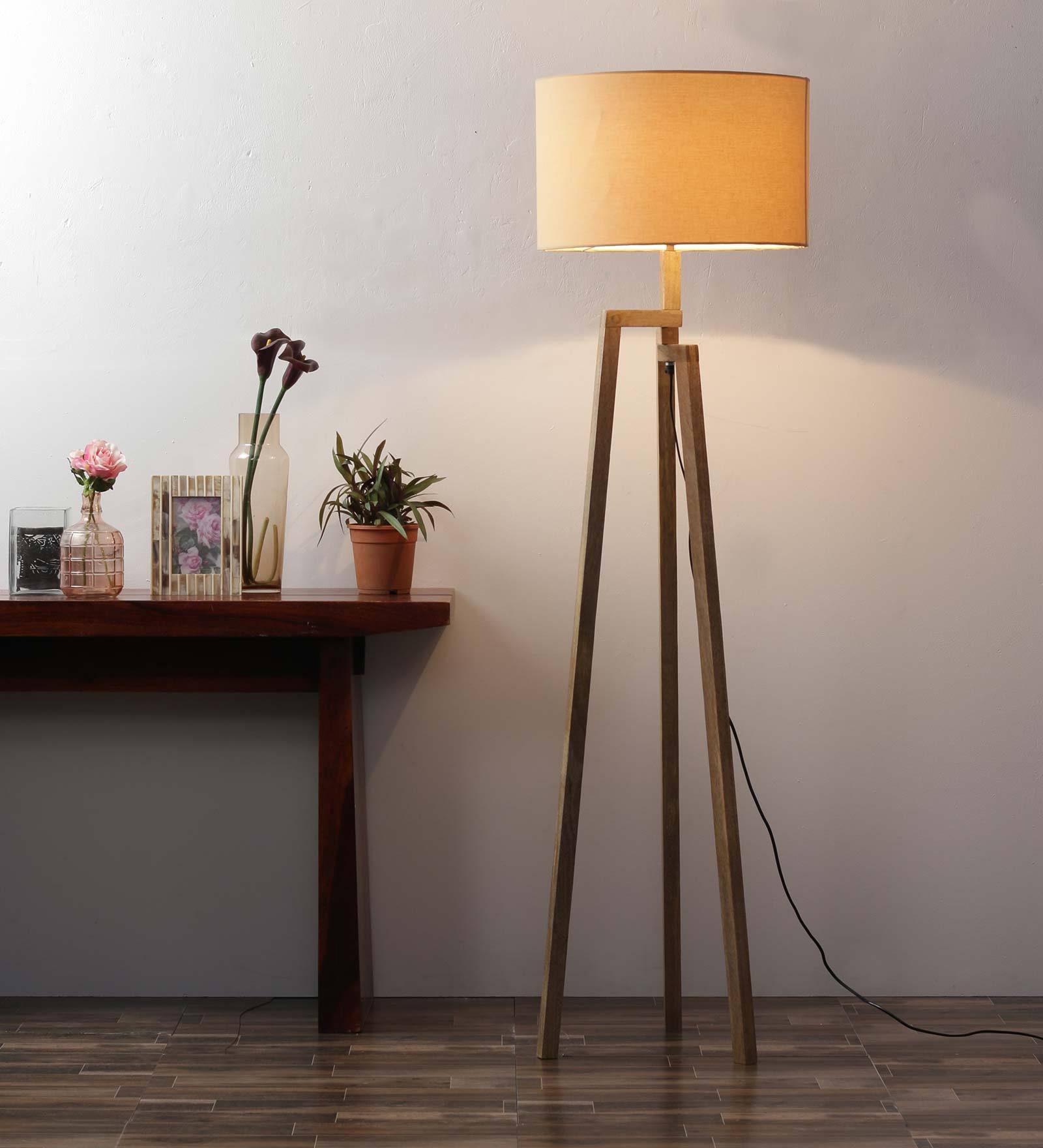 Buy Cesky Beige Fabric Shade Tripod Floor Lamp With Mango wood Base By ...