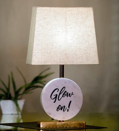 Buy Blue Fabric Shade Marble Table LED Lamp With Antique Copper Base By ...