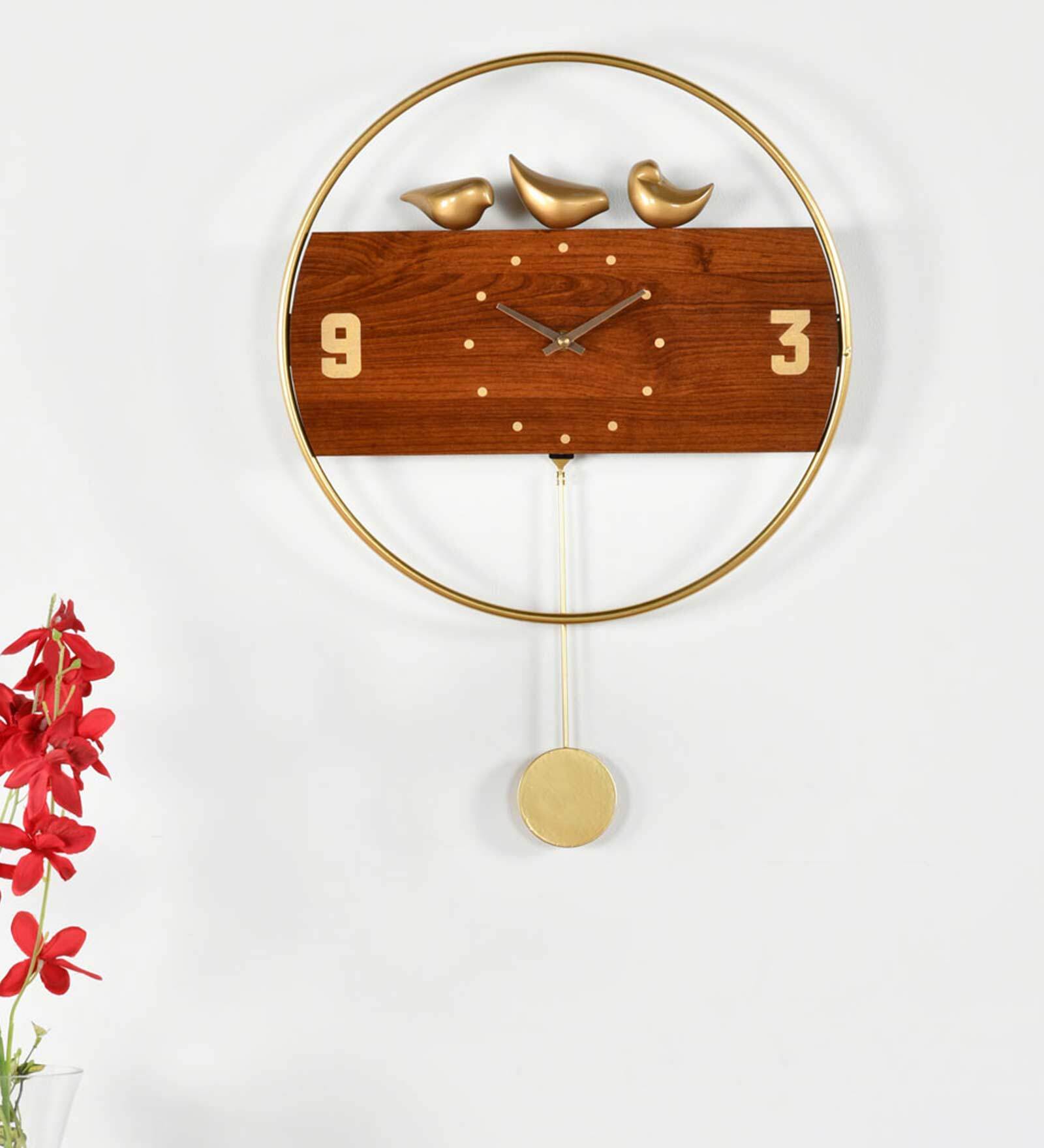 Buy Birds Pendulum Brown & Gold Metal & Wood Wall Clock at 100% OFF by ...