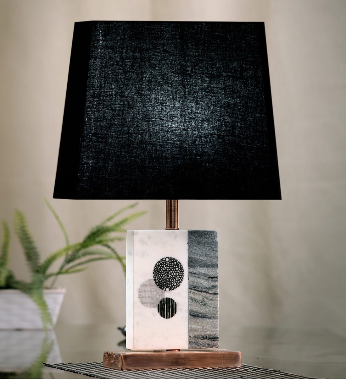 Buy Black Fabric Shade Marble Table LED Lamp With Antique Copper Base ...