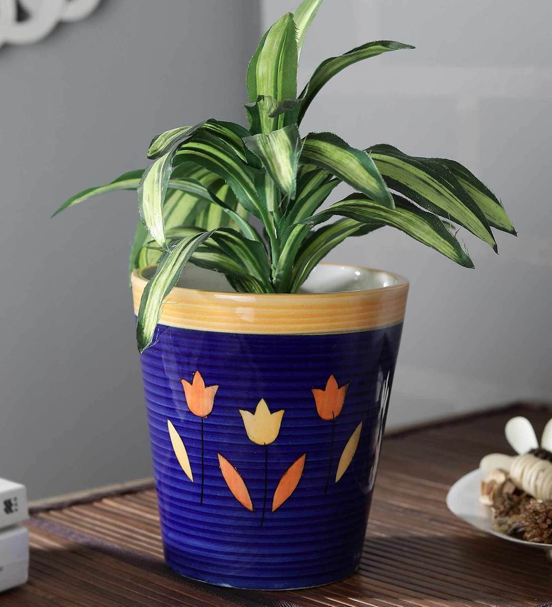 Buy Blue Ceramic Conical Shaped Ringer Painted Flower Pot Online - Desk ...