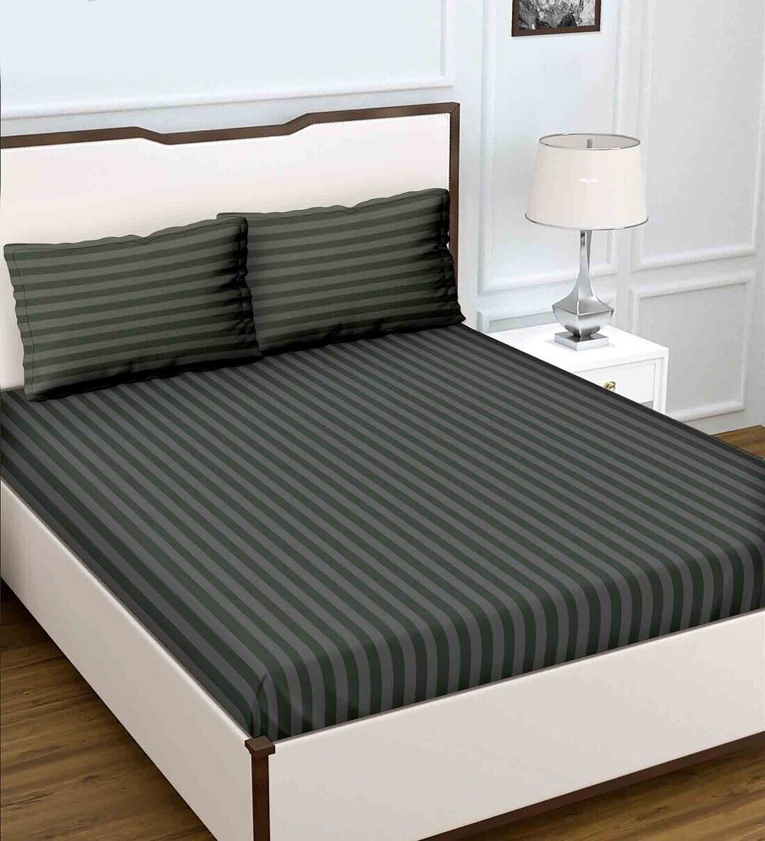 Buy Grey Striped 180 TC Polyester Queen Sized Bedsheet With 2 Pillow ...