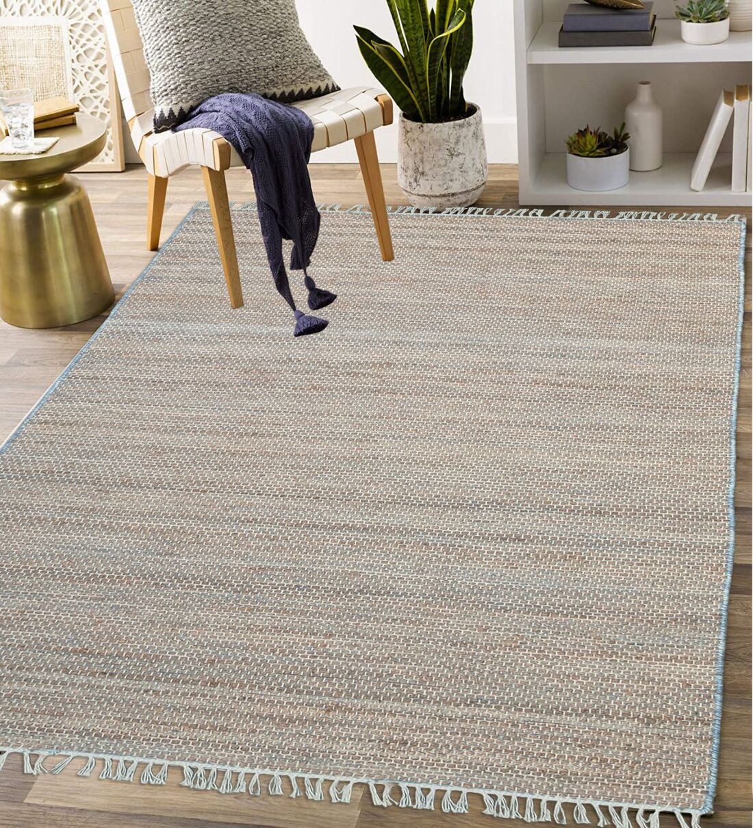 Buy Blue Solid Jute and Wool 5 ft x 7 ft Hand Woven Carpet by MRIC at ...
