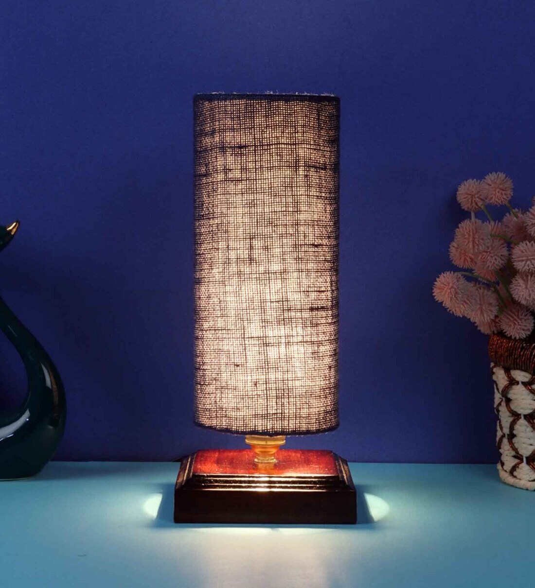 Buy Blue Jute Table Lamp With Wood Square Base By New Era Online ...