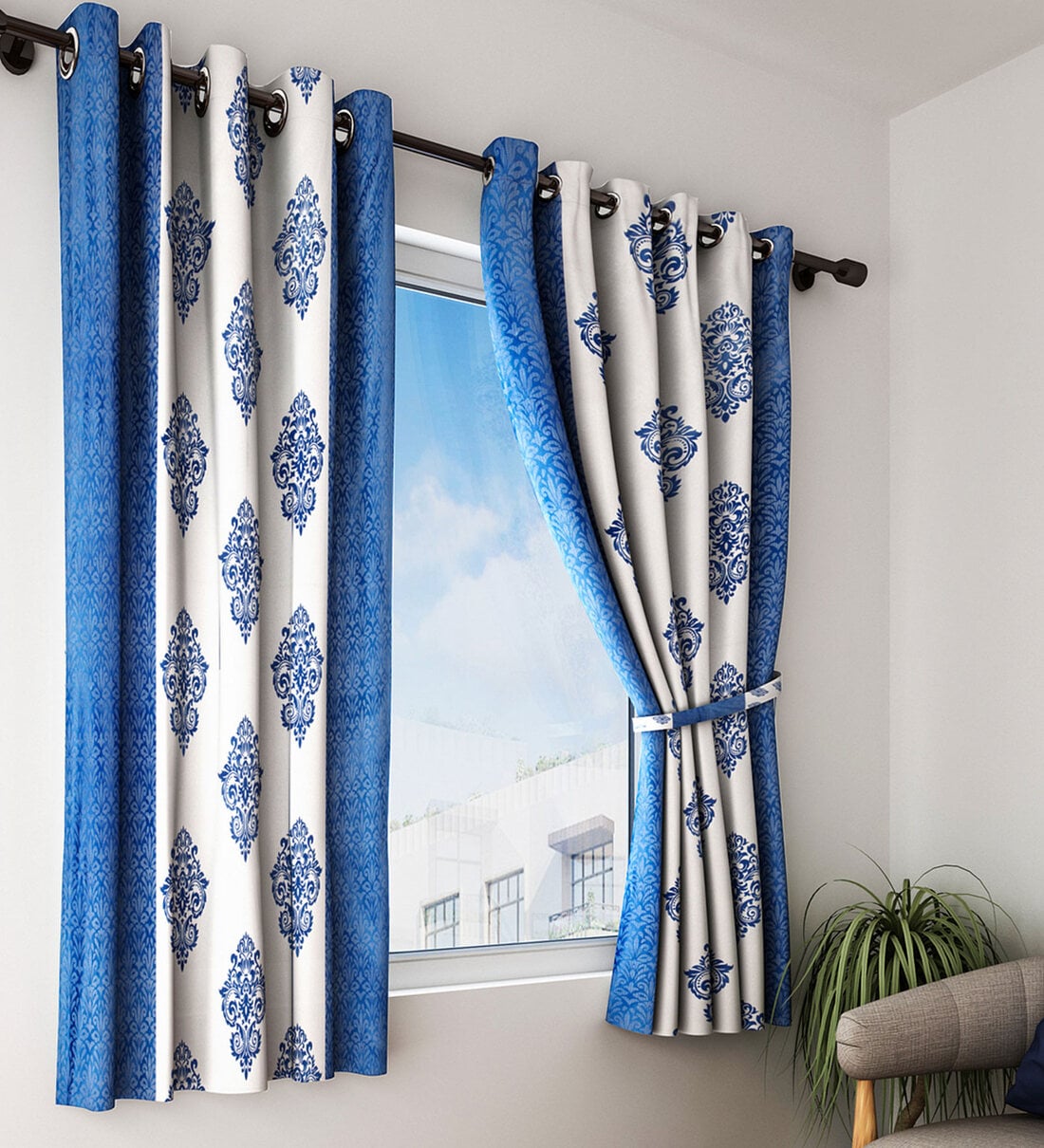 Buy Blue Traditional Polyester 5 Ft Semisheer Eyelet Window Curtains ...
