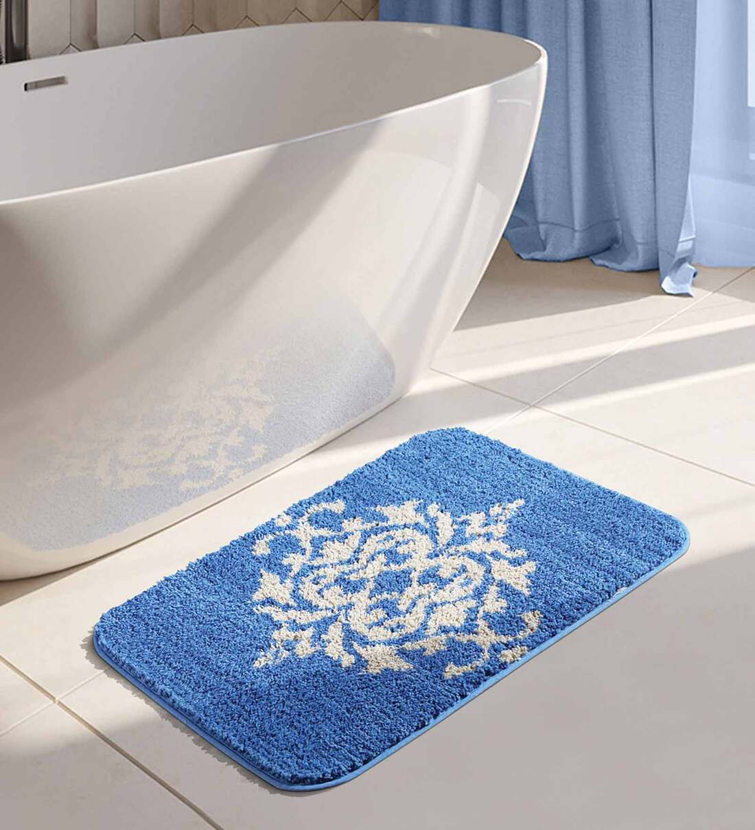 Buy Blue & White Traditional Polyester 24x16 Inches AntiSkid Bath Mat ...