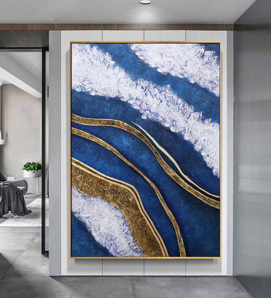 Buy Blue Vertical Abstract Canvas Framed Acrylic Paint Hand Paintings ...