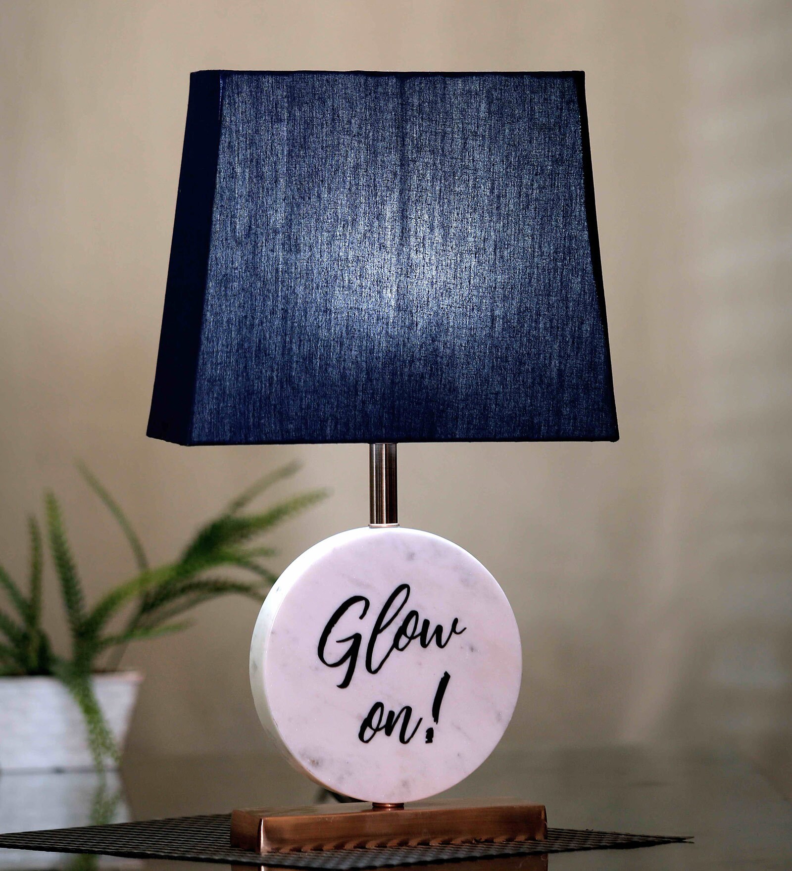 Buy Blue Fabric Shade Marble Table LED Lamp With Antique Copper Base By ...
