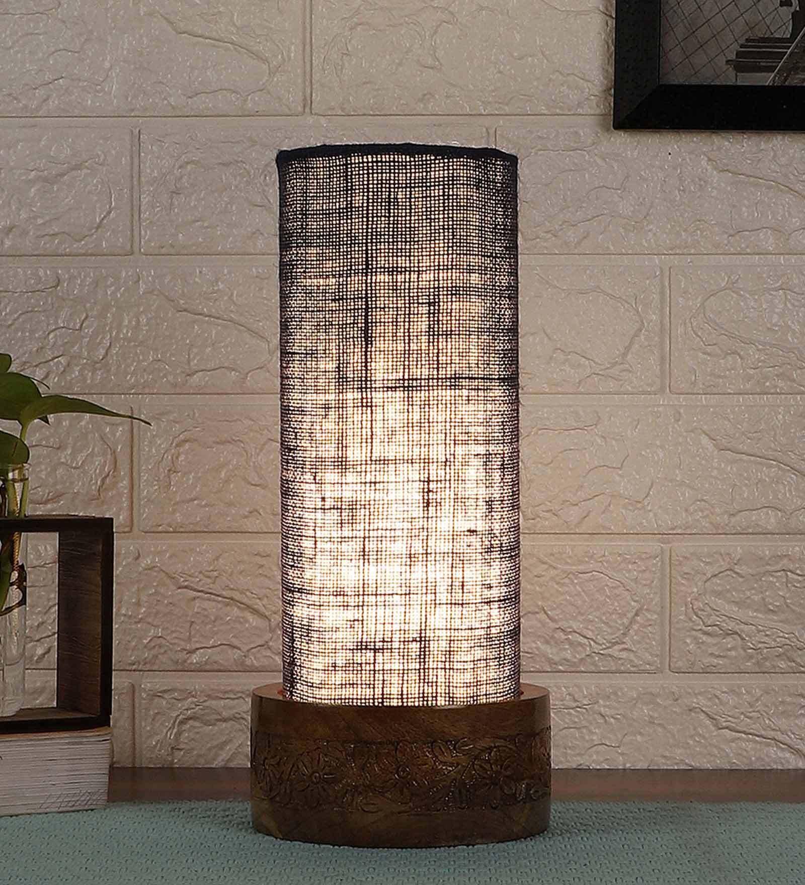 Buy Blue Jute Shade Table Lamp With Wood Base By New Era Online ...