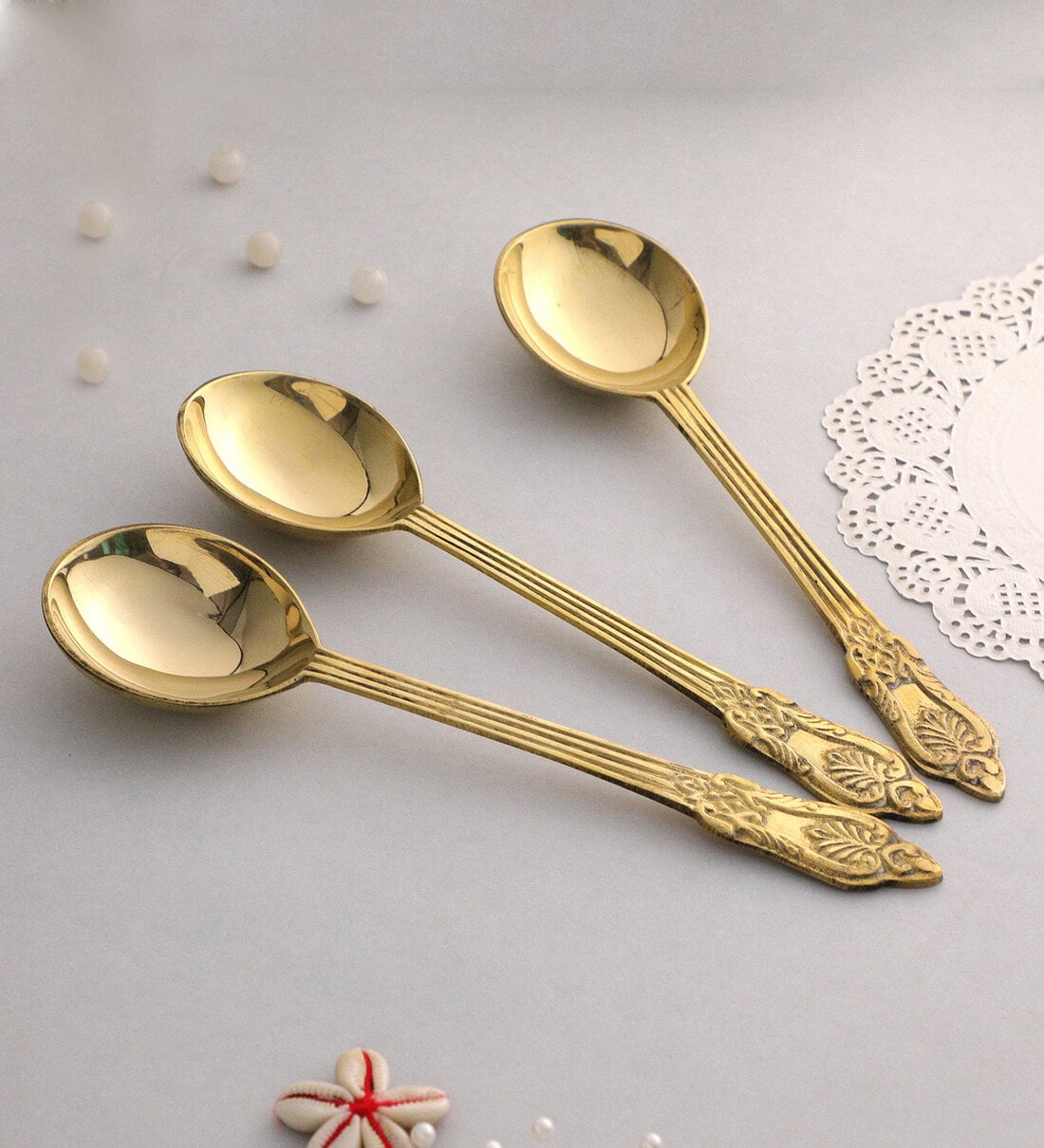Buy Antique 8.7 Inch Gold Brass (Set of 3) Serving Spoon Online - Side ...