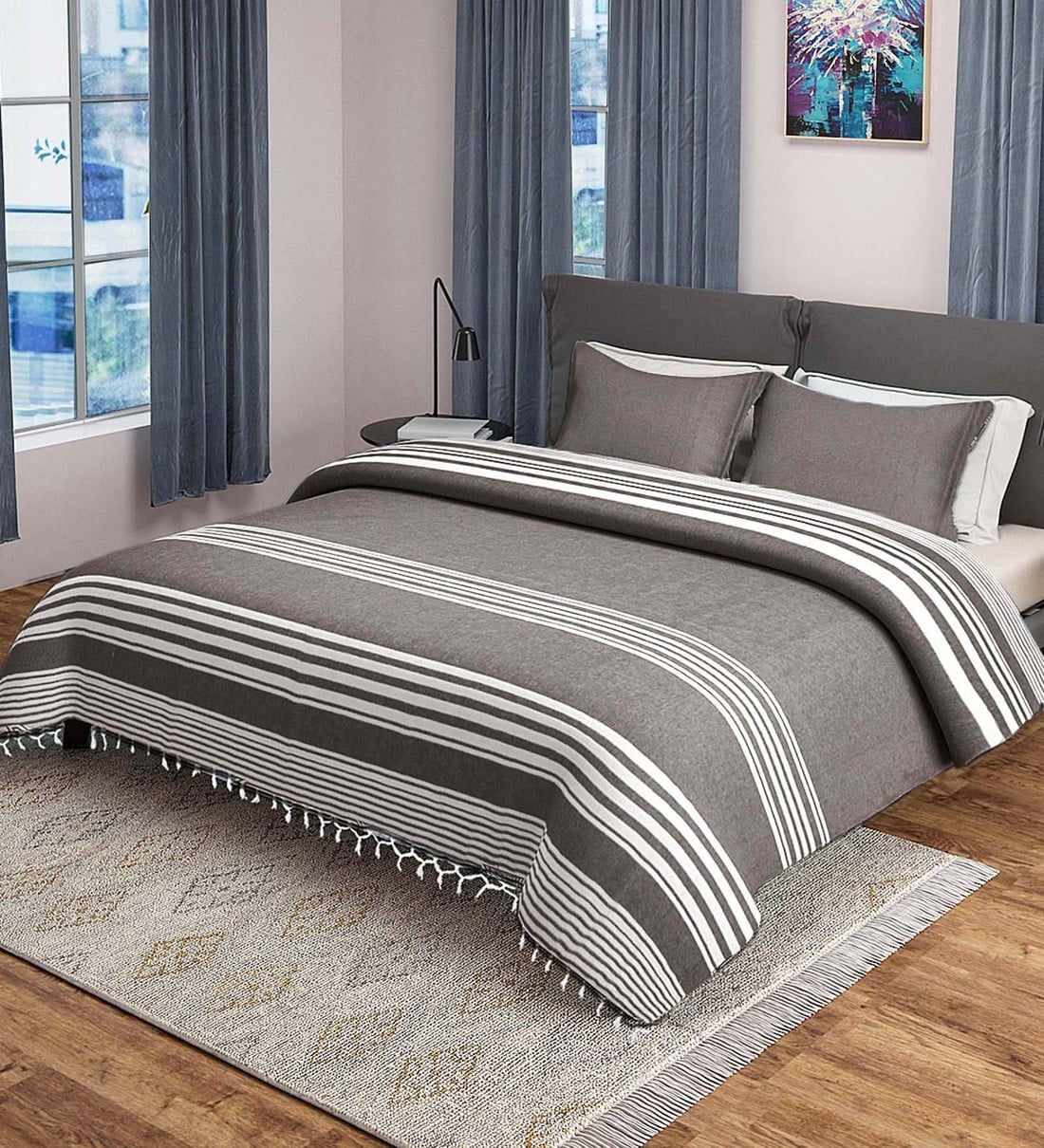 Buy Grey Geometric 350 TC Microfibre Double Bed Cover with 2 Pillow ...