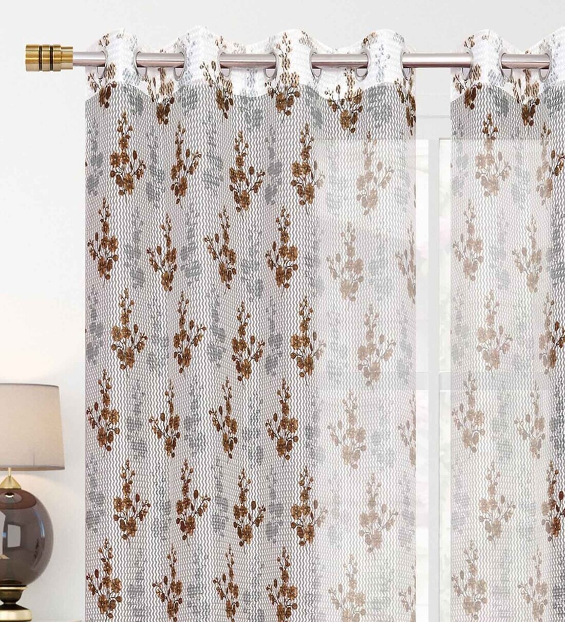 Buy Brown Floral Polyester 5 Ft Sheer Eyelet Window Curtains (Set of 2 ...