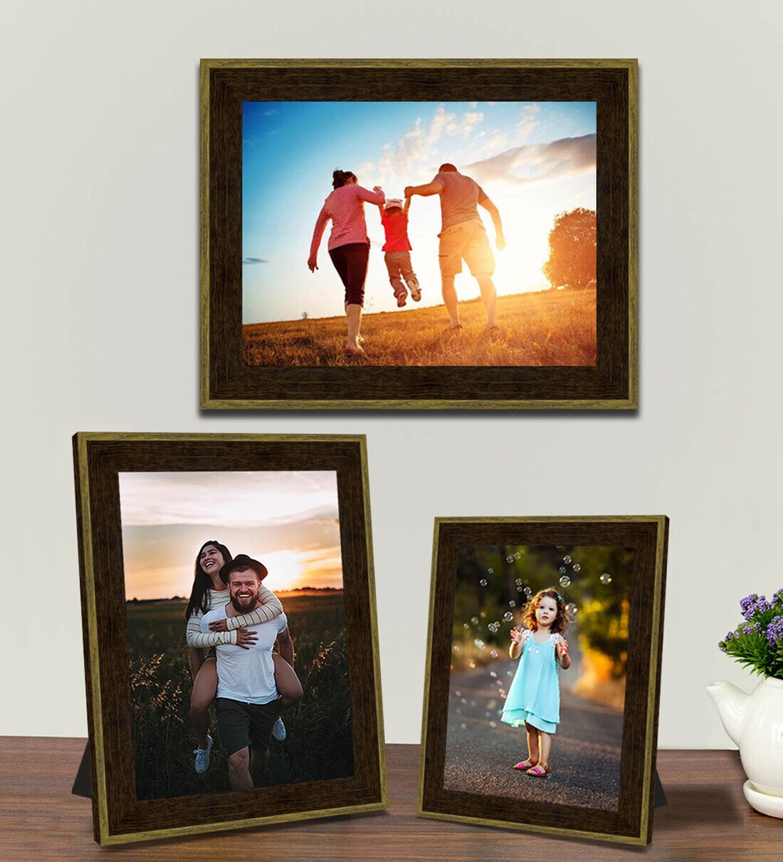 Buy Brown Synthetic Wood Wall Hanging/Table Top Photo Frames, Set of 3 ...