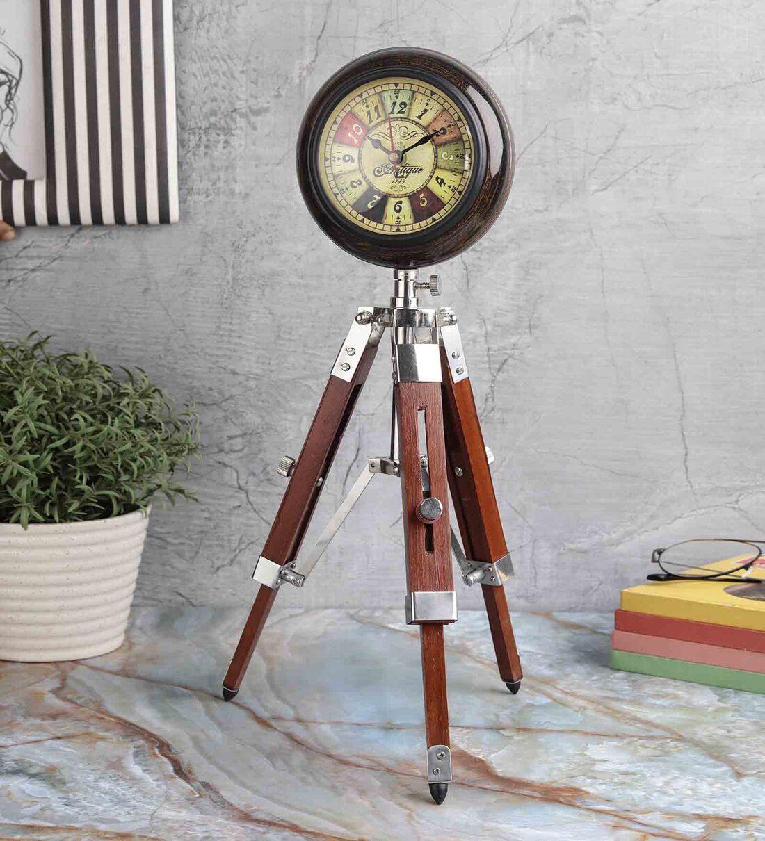 Buy Brown Wooden Tripod Stand Vintage Table Clock Online - Table Clocks ...