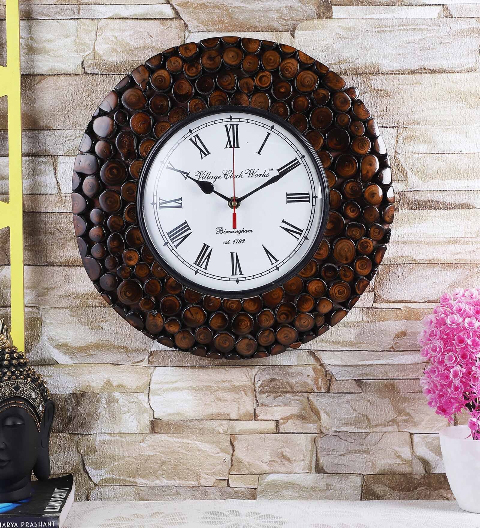 Buy Brown Wooden Chunk Embedded Analog Wall Clock by Exim Decor Online - Novelty Wall Clocks ...