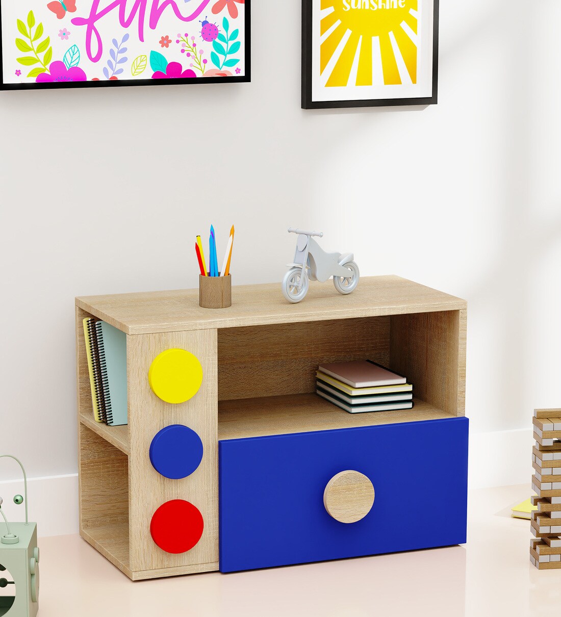 Buy Building Blocks Kids Bedside Table in Oak & Blue Colour at 20% OFF ...