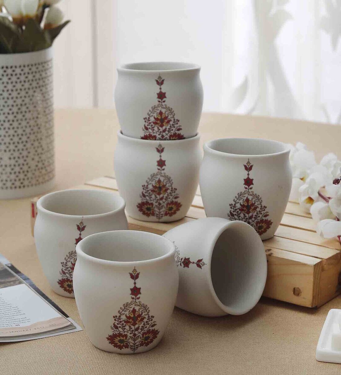 Buy Buti Decal 190ml White & Red Ceramic (Set of 6) Tea Khullad at 20% ...