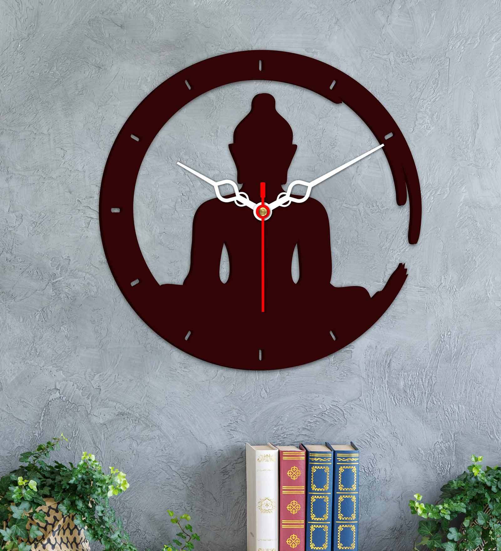 Buy Buddha In Lotus Posture Wood Wall Clock In Brown Online - Modern ...