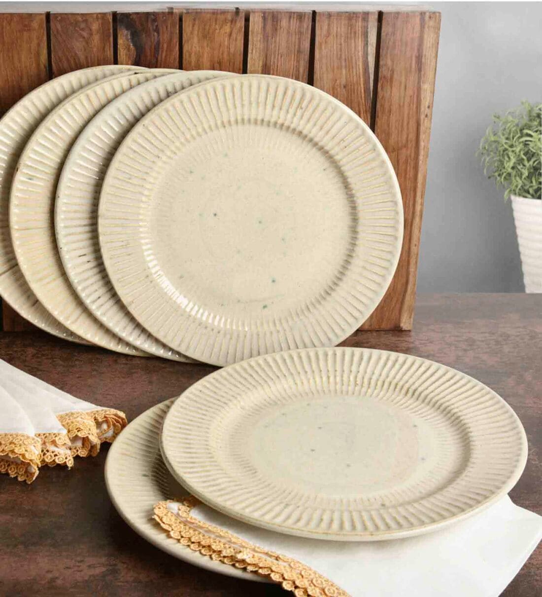 Buy Ceramic Dazzling Riviera Ribbed Dinner Serving Plates Set of 6 By ...