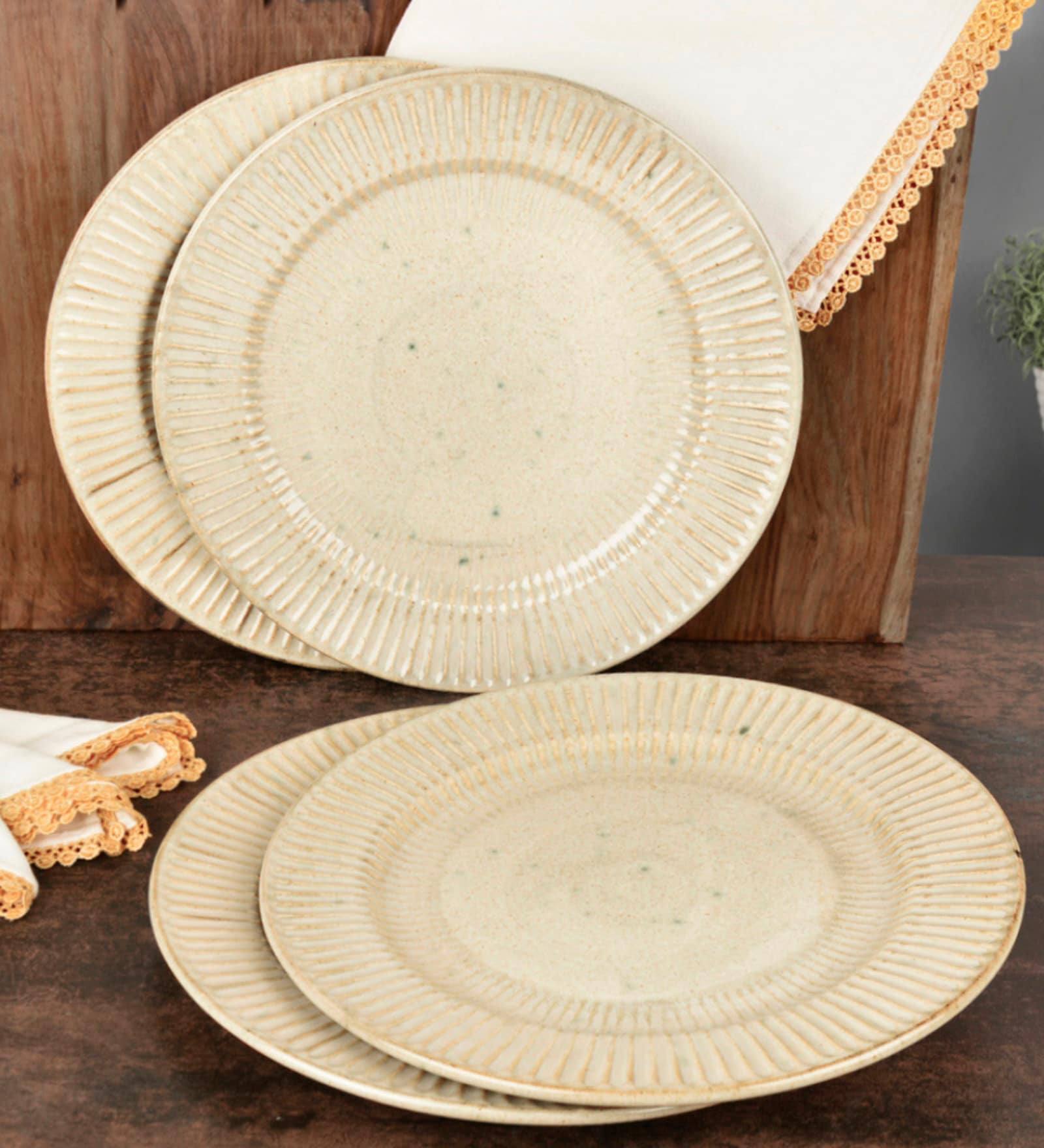 Buy Ceramic Dazzling Riviera Ribbed Dinner Serving Plates Set of 4 By ...