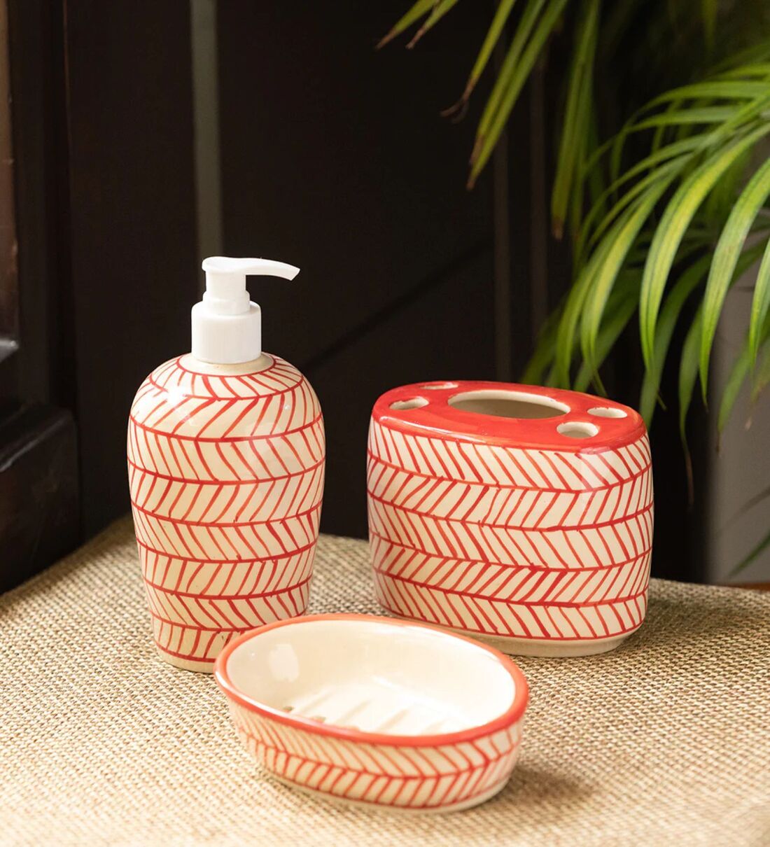 Buy Chevrons White & Red Ceramic (Set of 3) Bath Set by ExclusiveLane at 47% OFF by ...