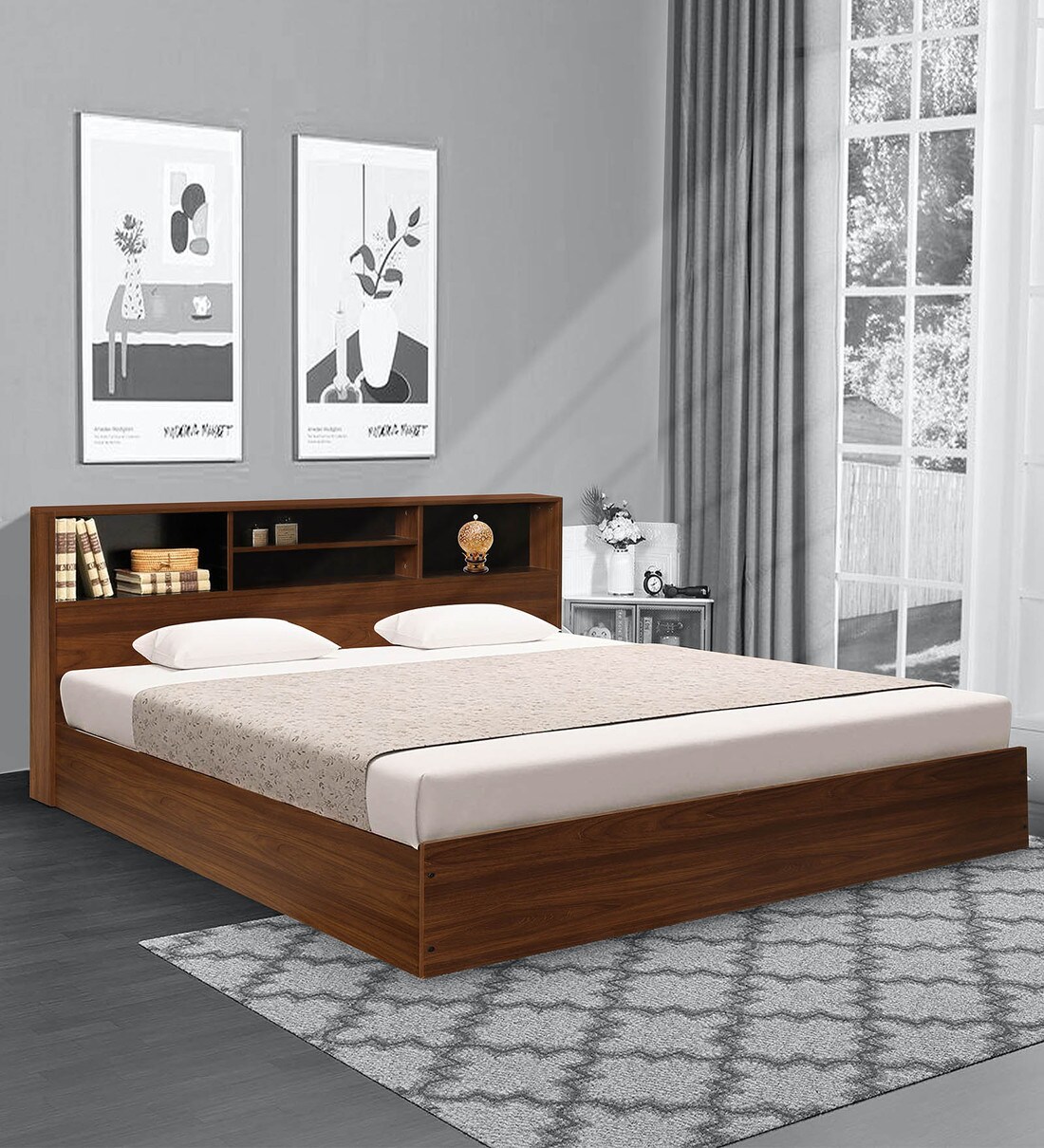 Buy Copal Queen size Bed with Box Storage in Teak Finish Online ...