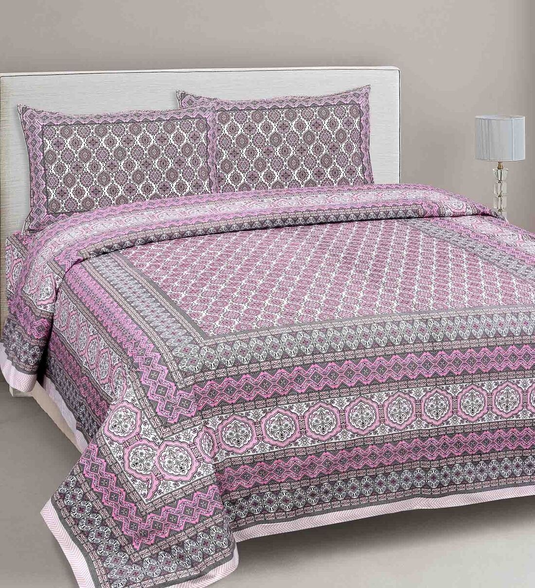 Buy Pink Traditional 144 TC Cotton Blend Queen Sized Bed Sheets with 2 ...