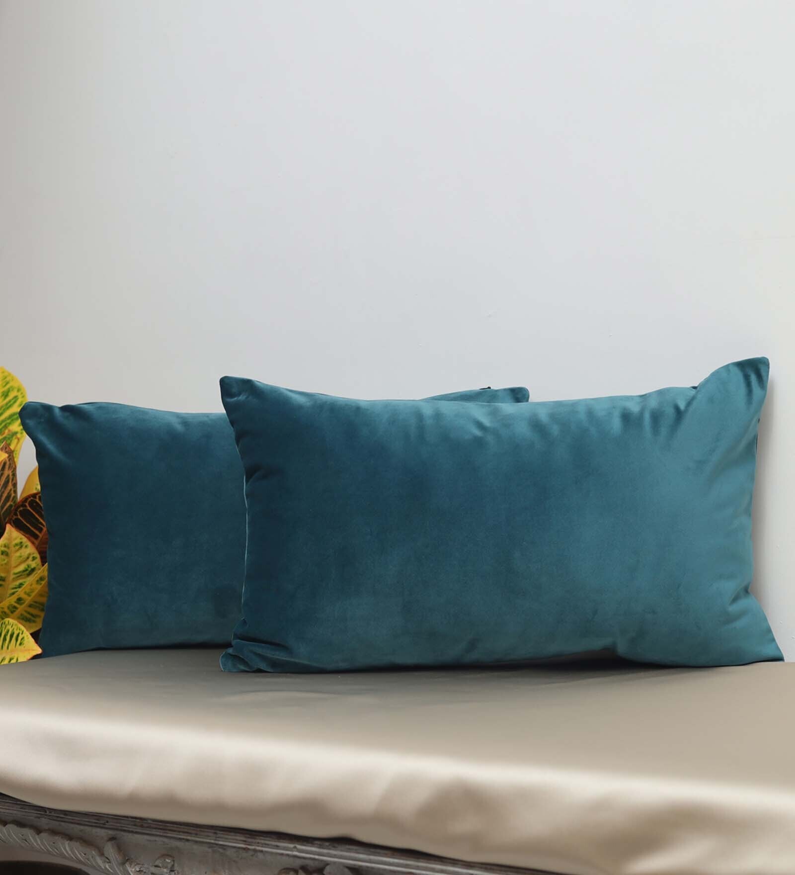 Buy Dark Green Solid Velvet 12 x 18 Inches Cushion Covers (Set of 2) by ...