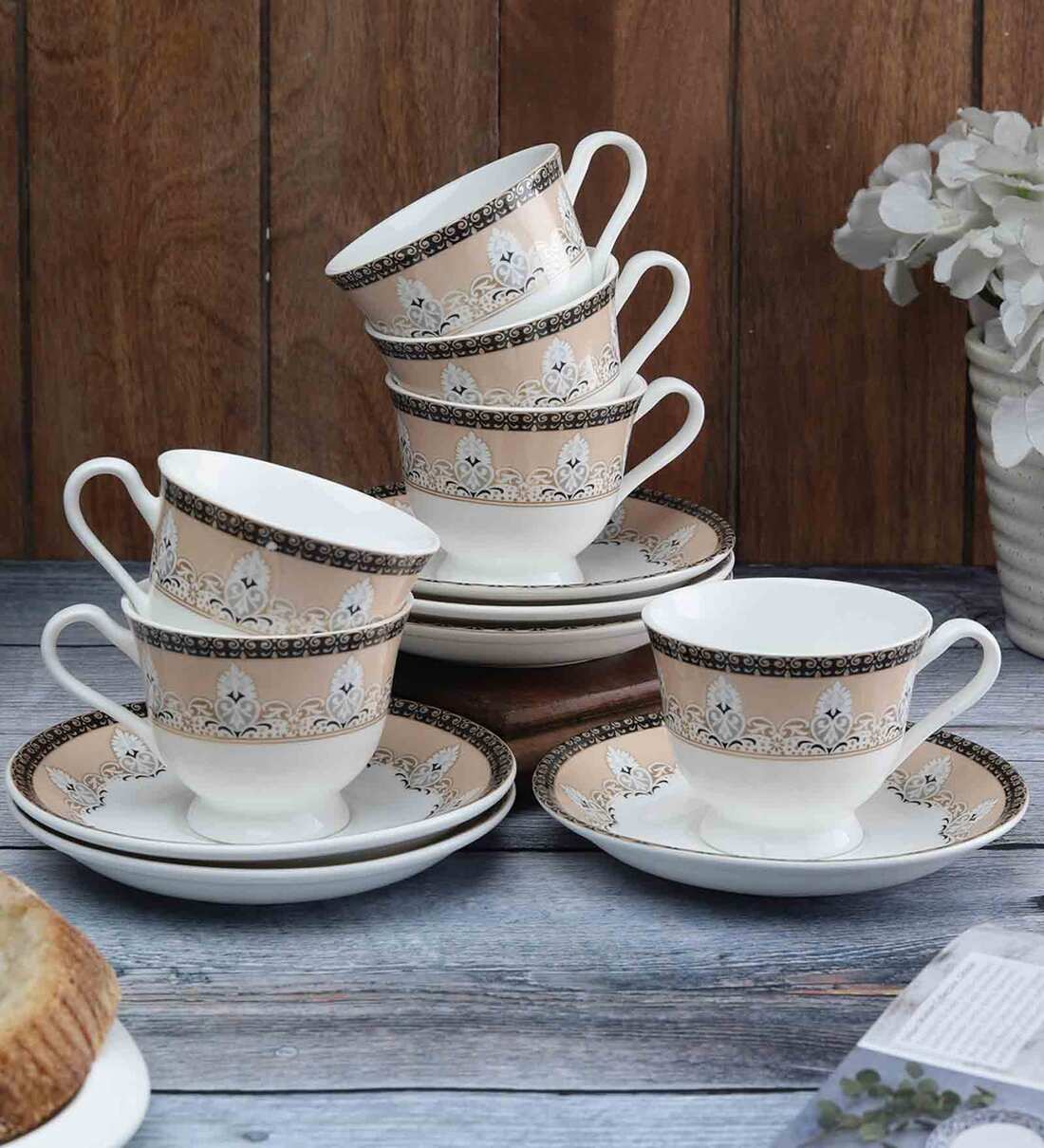 Buy Quincy 180ml Multicolour (Set of 12) Ceramic Tea Cup & Saucer Set ...