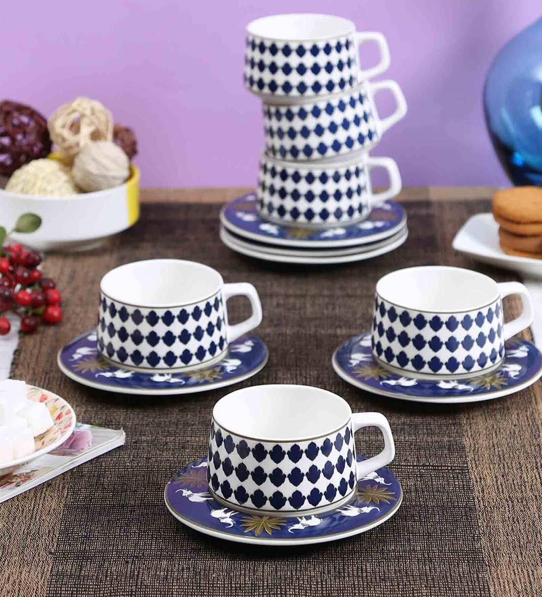 Buy Elegant 210ml Blue & White Ceramic (Set of 12) Tea Cup & Saucer Set ...
