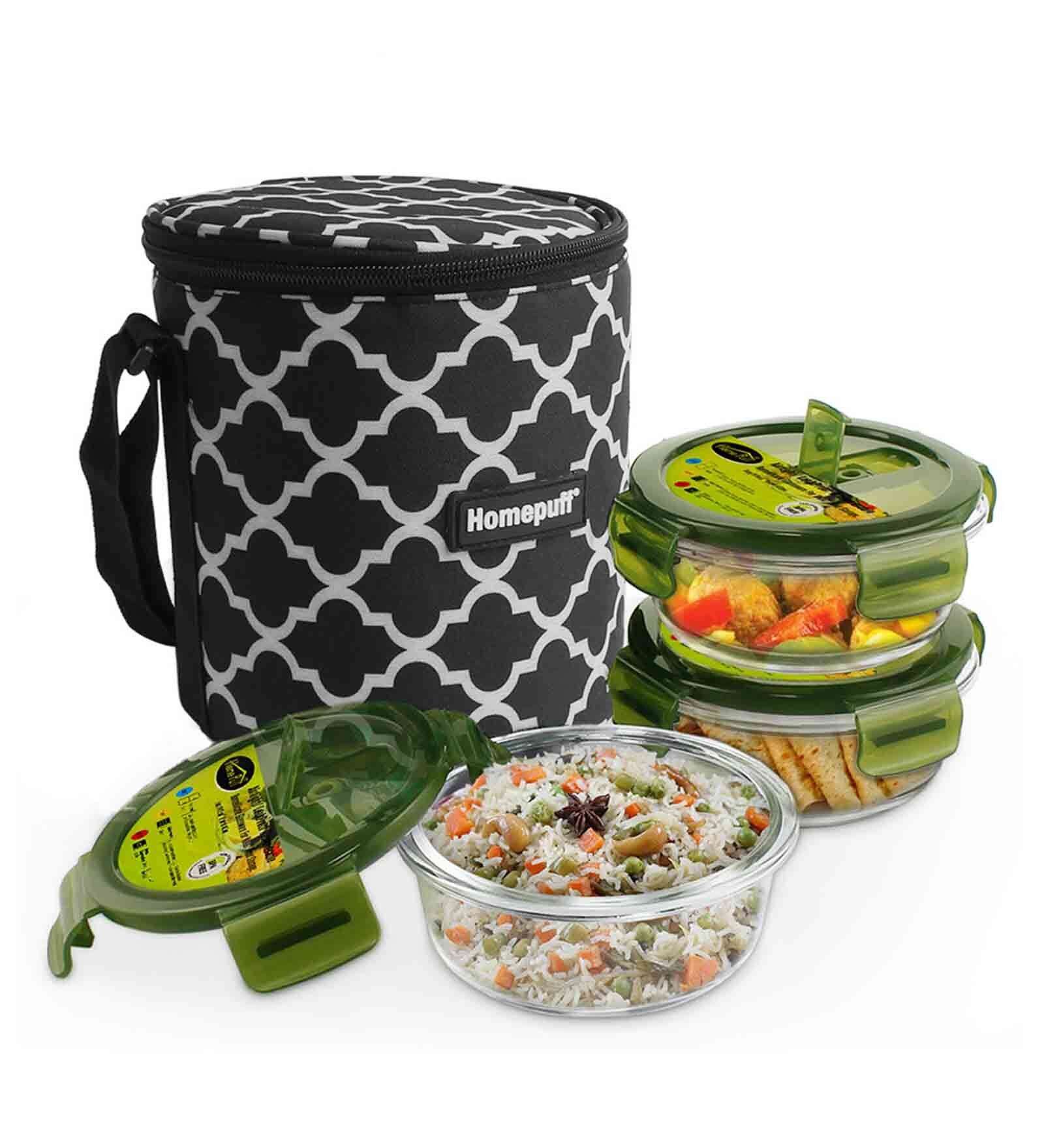 Buy Elegant Black Borosilicate Glass Lunch Box (Set of 3) by Homepuff ...