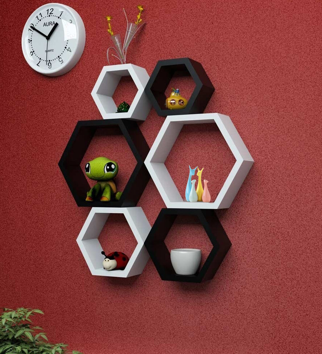 Buy Engineered Wood Hexagonal Floating Wall Shelf In Black Colour at 28 ...