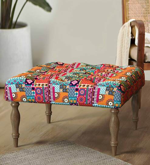 Buy English Fabric Ottoman in Floral Swirls Colour Online - Ottomans ...