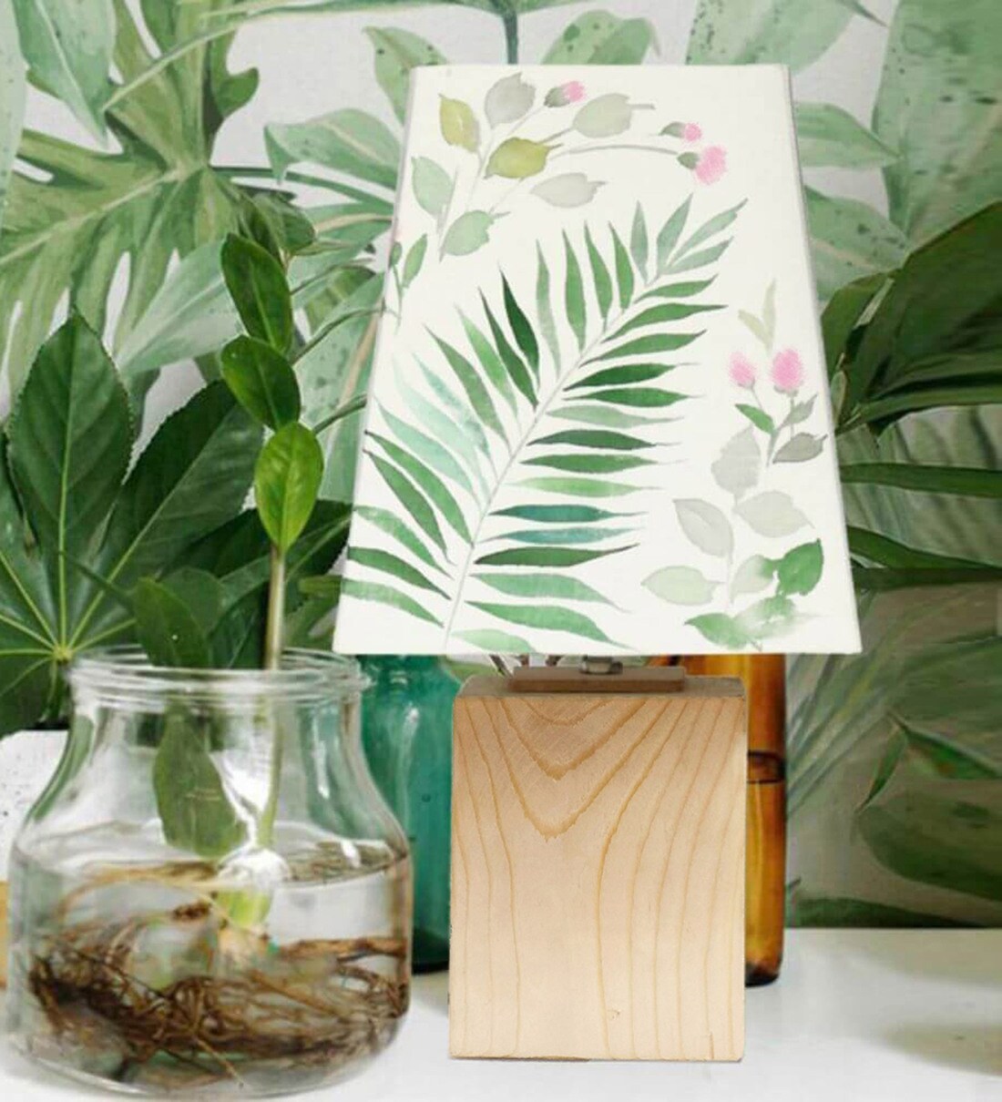 Buy Fern Multicolor Cotton Shade Table Lamp with Wood Base by Rangreli ...